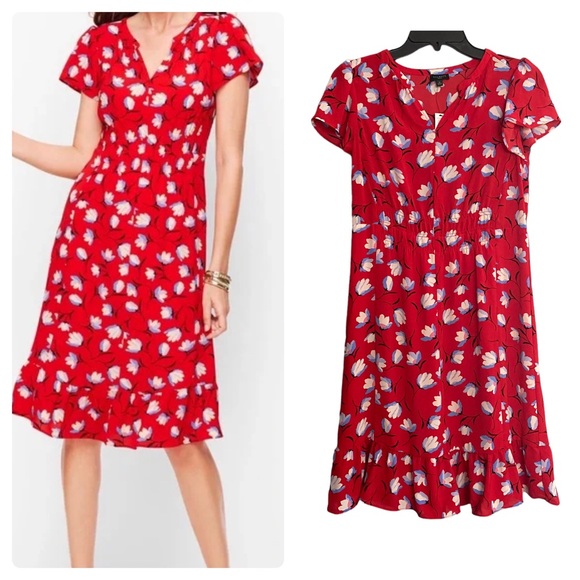 Talbots | Dresses | Talbots Red Floral Flutter Short Sleeve Flounce ...